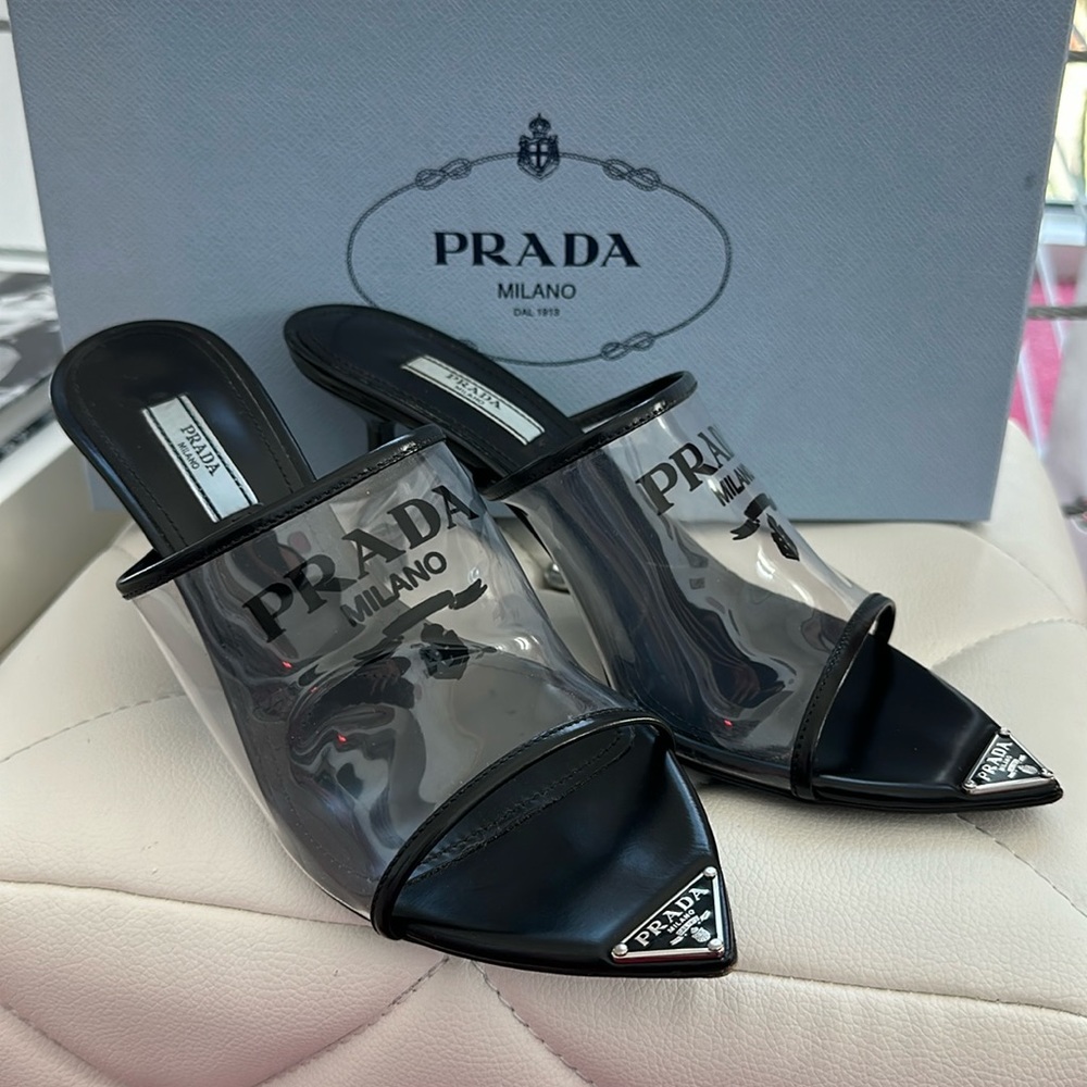 Prada Clear Pvc Logo Kitten Heel Sandals Slides Size … - Gem